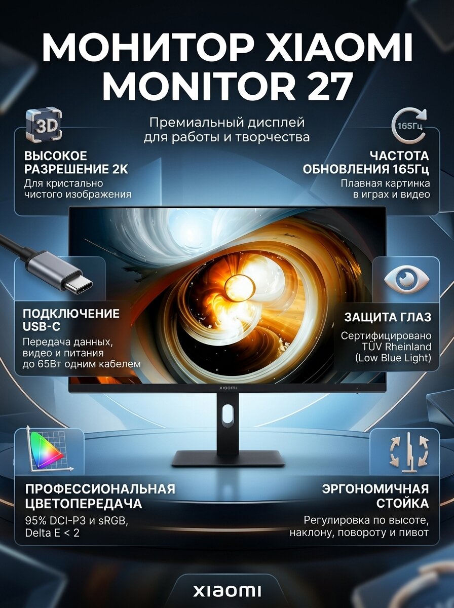 Монитор Xiaomi A24i 2026, 23.8", IPS, 1920x1080, 144 Гц, матовое покрытие, HDMI, DP
