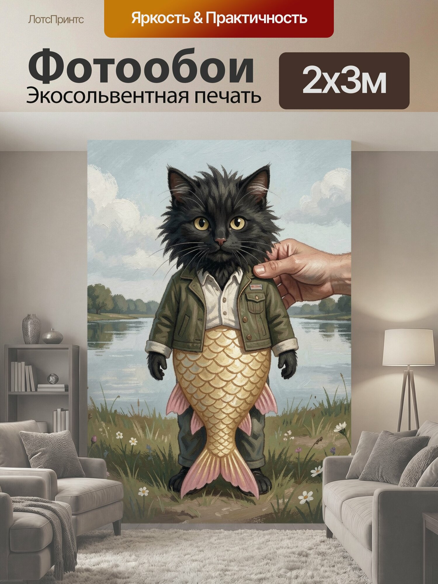 Фотообои "Пушистый зверёк с рыбьим хвостом. Сказочный антропоморфный герой с чёрной кошачьей мордой, золотистой чешуёй, зелёной курткой и." 200x300 см. экосольвентная печать