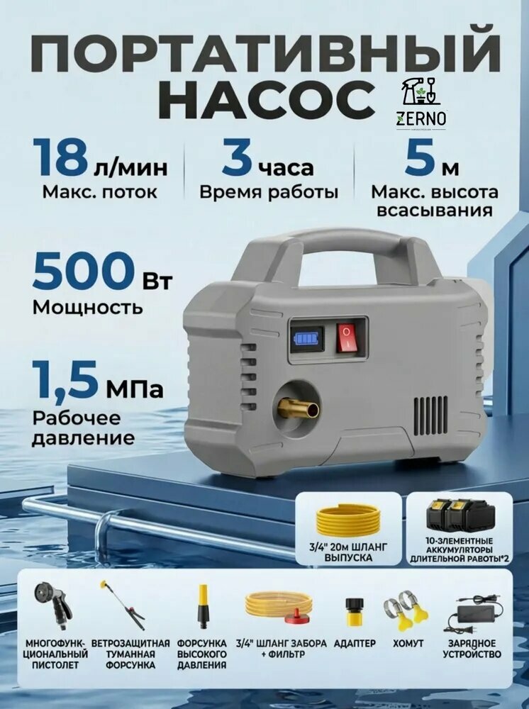 Насос Zerno, для полива, мойки, уборки, аккумуляторный, 18л/мин