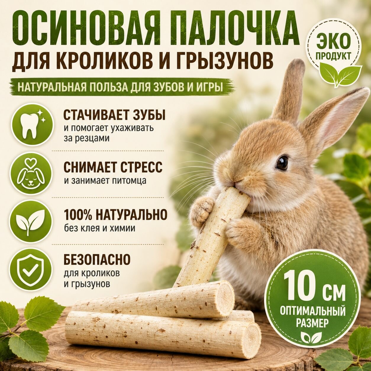 Осиновая палочка для кроликов и грызунов, 10 см