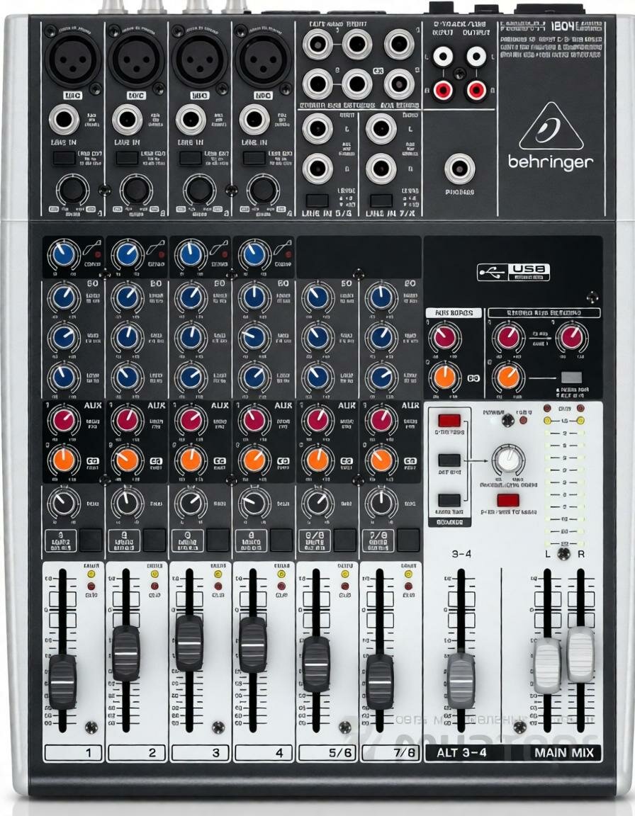 Микшерный пульт BEHRINGER 1204USB, 12-канальный, аналоговый, 4 моновхода с компрессорами