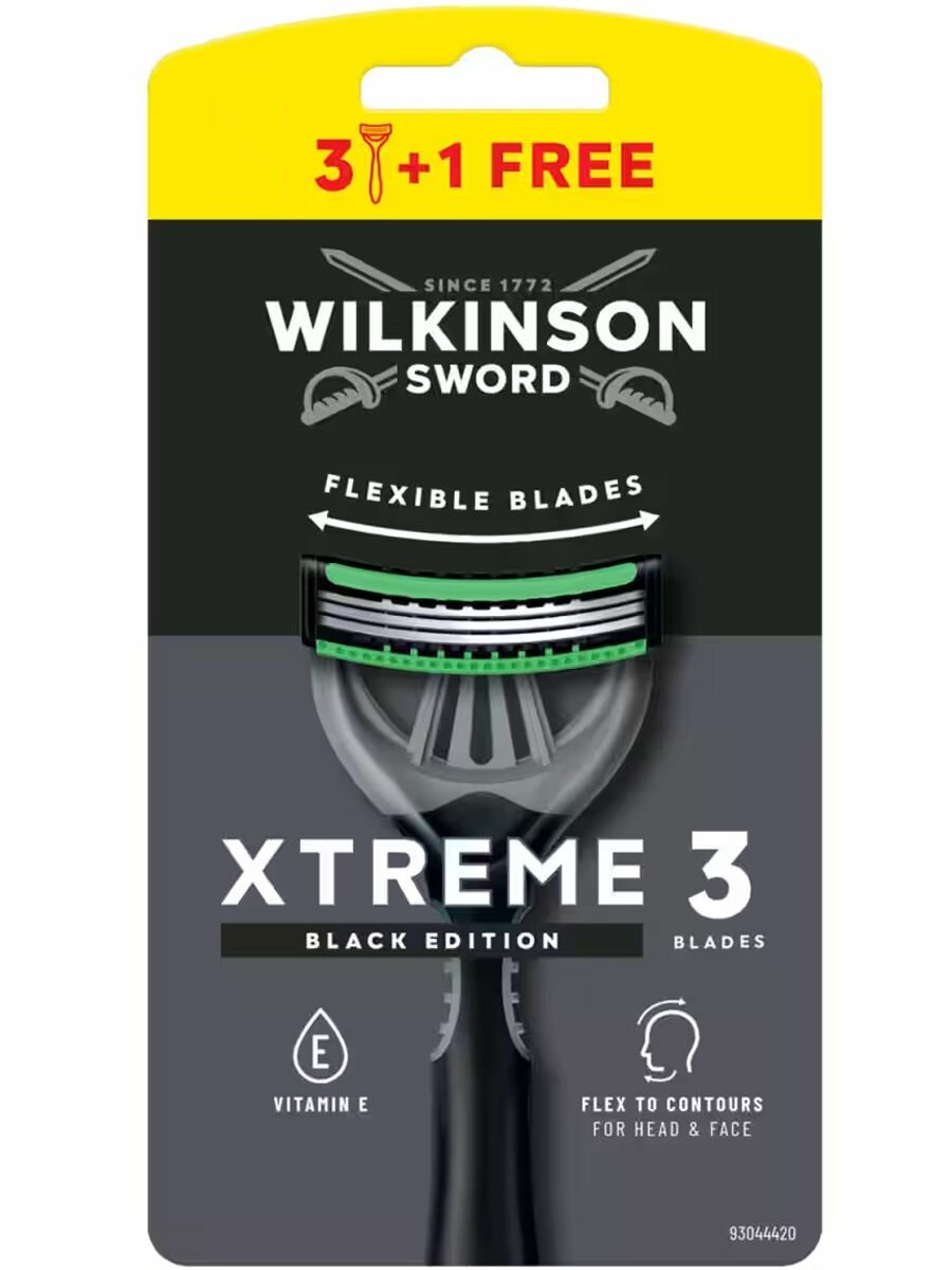 Wilkinson Sword Бритвы одноразовые Schick XTREME 3 Black Edition (4 станка), 3 лезвия, плав. головка, увл. полоска, прорезиненная ручка
