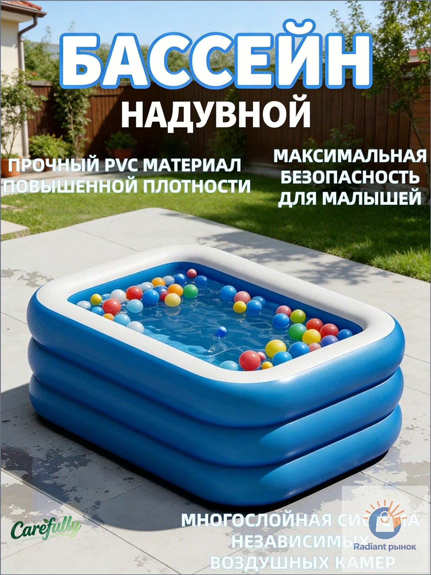 Надувной детский бассейн из PVC, многослойный с независимыми воздушными камерами, закруглённые края, безопасный, прочный, с системой слива воды, для дома и дачи, цвет синий/белый