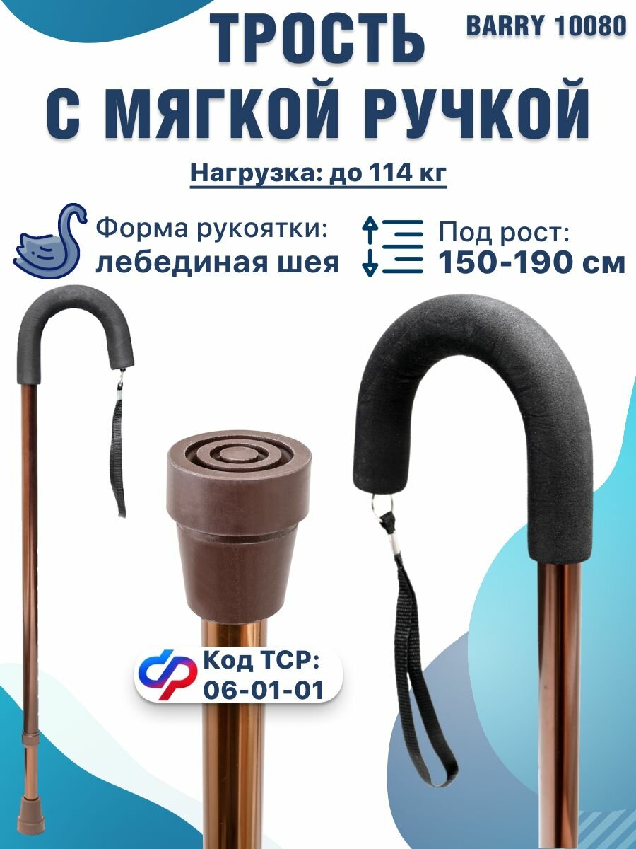 Barry Трость для ходьбы опорная 10080 регулируемая под рост 150-190 см с мягкой круглой ручкой для взрослых и пожилых, по сертификату ТСР СФР 06-01-01