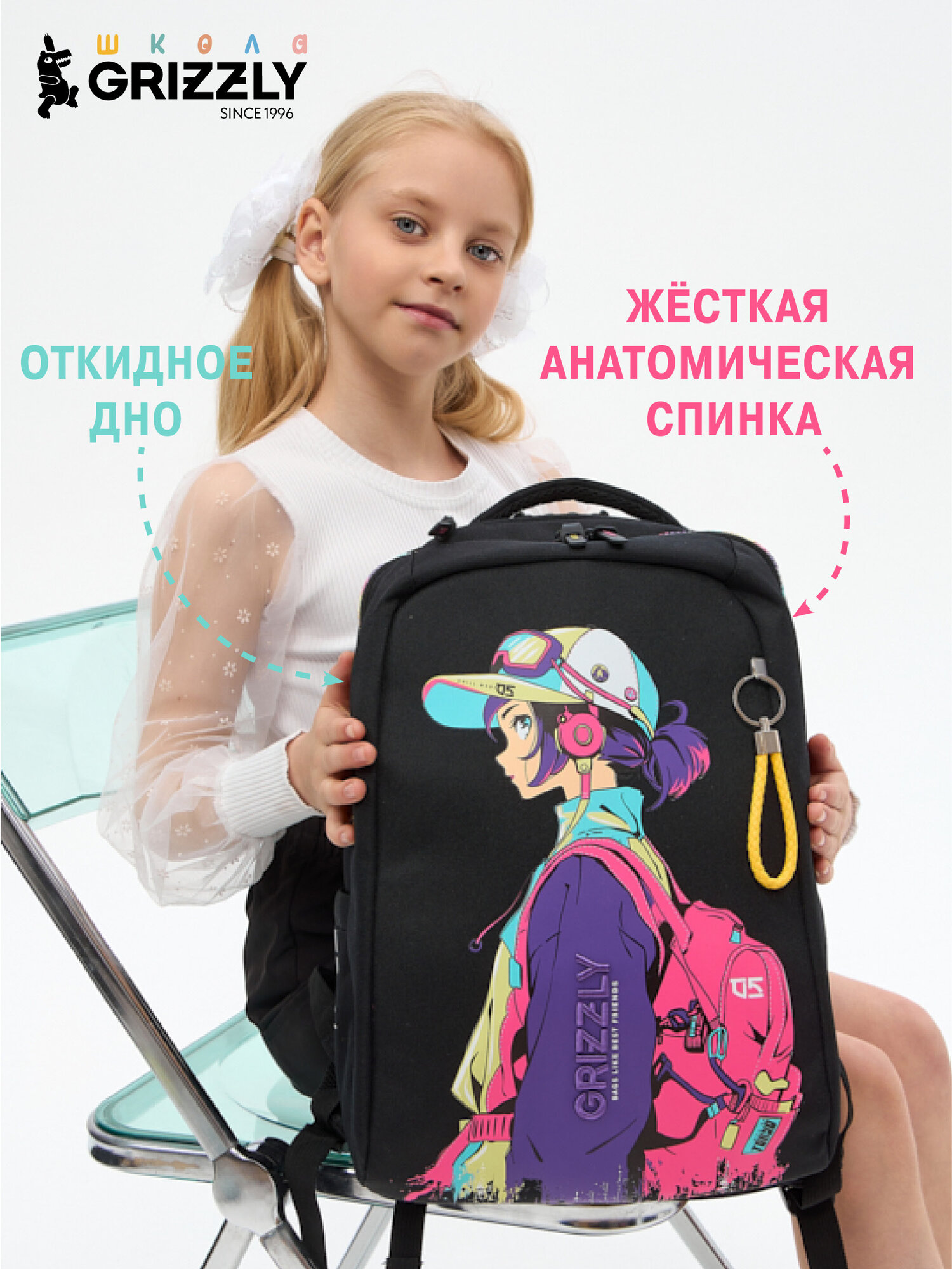 Рюкзак школьный GRIZZLY с карманом для ноутбука 13", двумя отделениями, анатомической спинкой, для девочки, RG-566-7