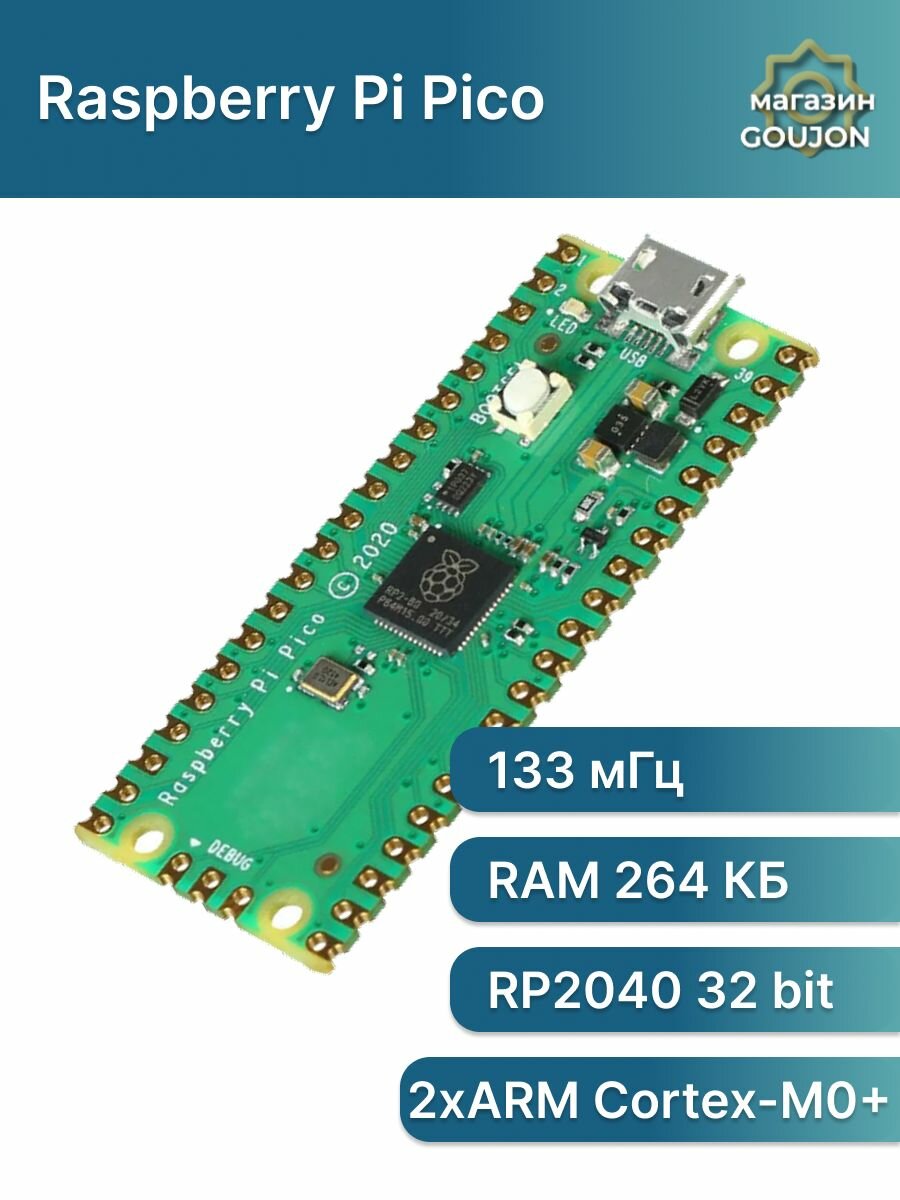 Raspberry Pi Pico, программируемый контроллер на базе RP2040 (32-Бит, ARM Cortex-M0+)