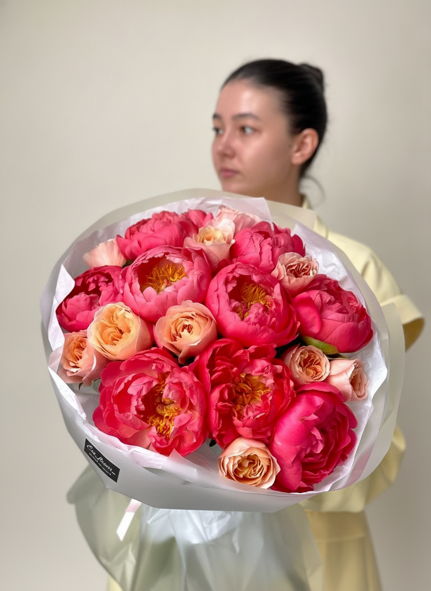 Шикарный букет с пионами Корал Шарм и розами