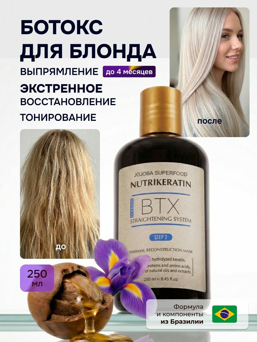 Ботокс для волос профессиональный с синим пигментом для блондинок Nutrikeratin, нейтрализация желтизны и выпрямление волос, 250 мл