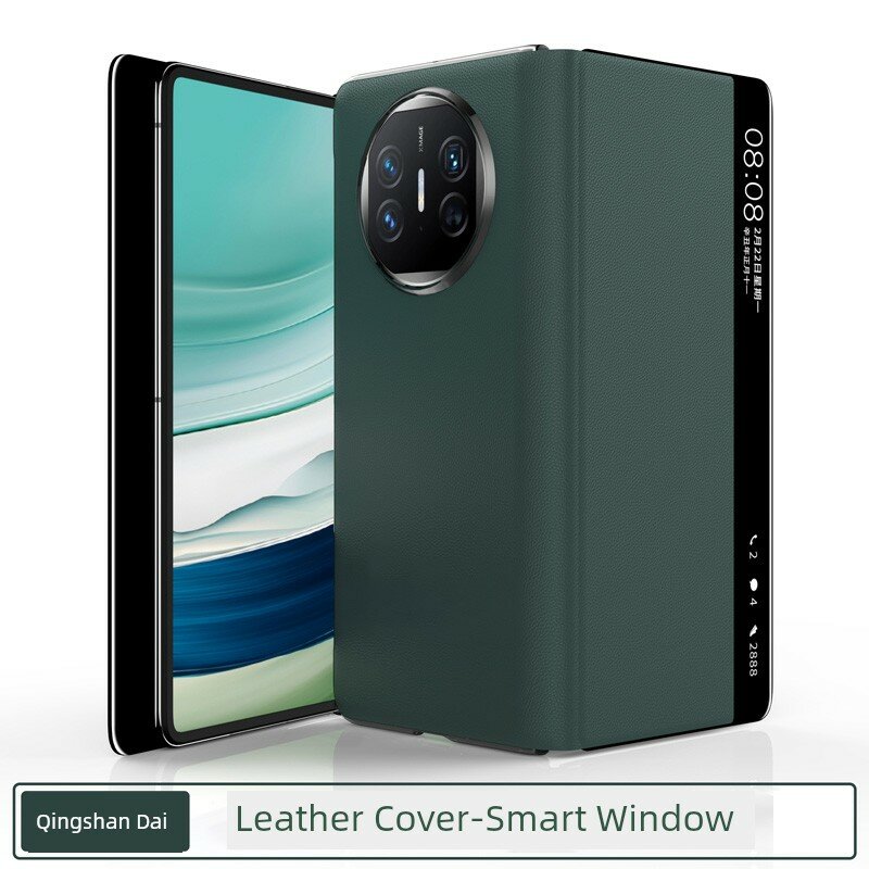 Кожаный чехол для Huawei Mate X6 из натуральной кожи с умным окном и мягким ощущением, зеленый