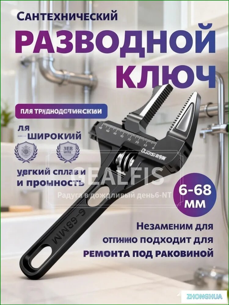 Ключ разводной сантехнический GEALFIS с широким зевом 6-68 мм универсальный гаечный ключ для труднодоступных мест под раковиной