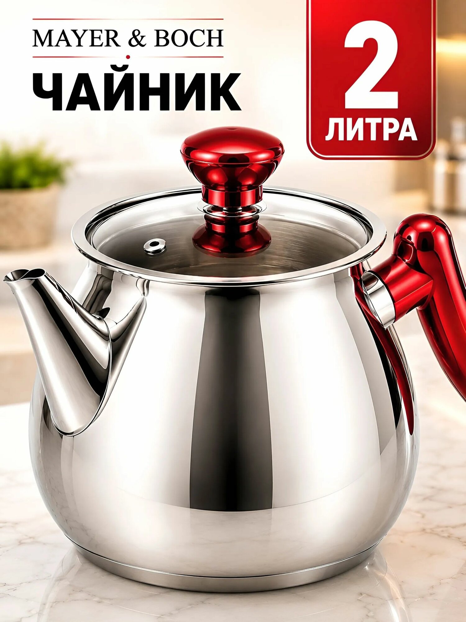 Чайник заварочный 2 л Mayer&Boch металлический из нержавеющей стали для газовой, электрической и индукционной плиты