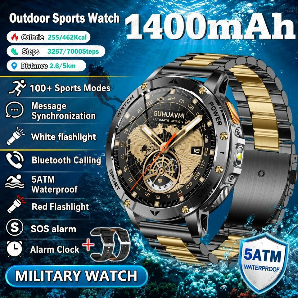 Умные часы мужские военные с фонариком IP68 1400 мАч Black Gold Steel 2A