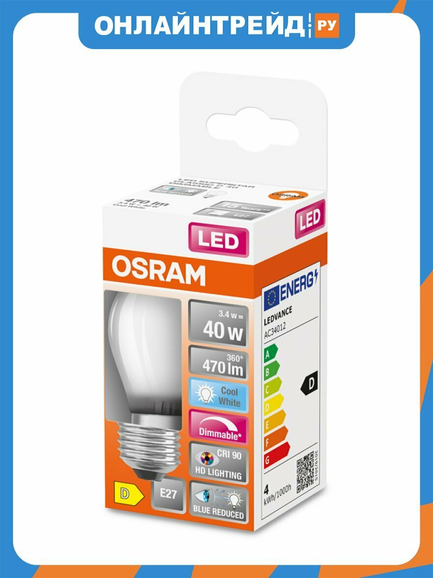 Светодиодная лампа Ledvance-osram OSRAM LED SUPERSTAR+ CL P GL FR 40 dim 3,4W/940 E27 Ra90
