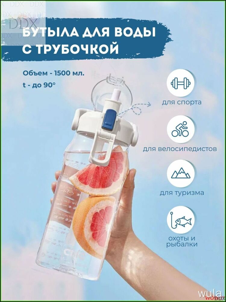 Бутылка для воды с трубочкой wula 1500 мл, до 90° для спорта, велосипедистов, туризма и рыбалки