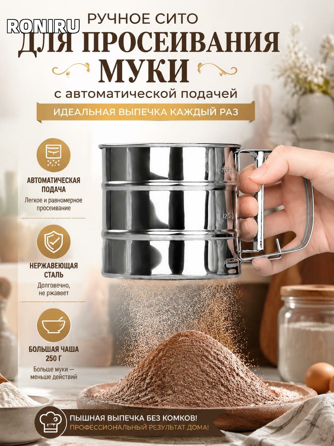 Ручное сито для просеивания муки с автоматической подачей и большой чашей из нержавеющей стали для домашней выпечки