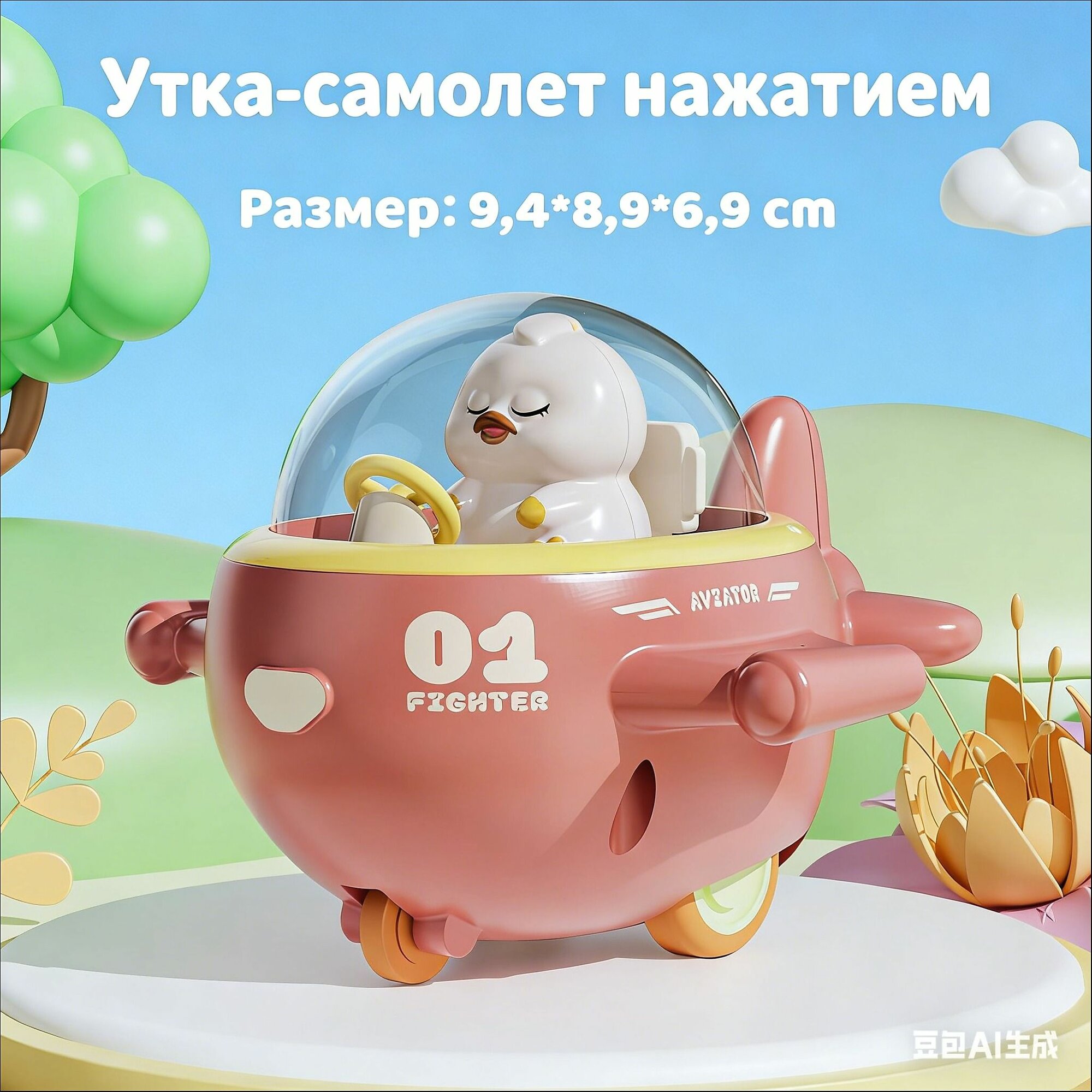 Игрушка "Уточка-пилот", инерционный самолет, пластик, лиловая