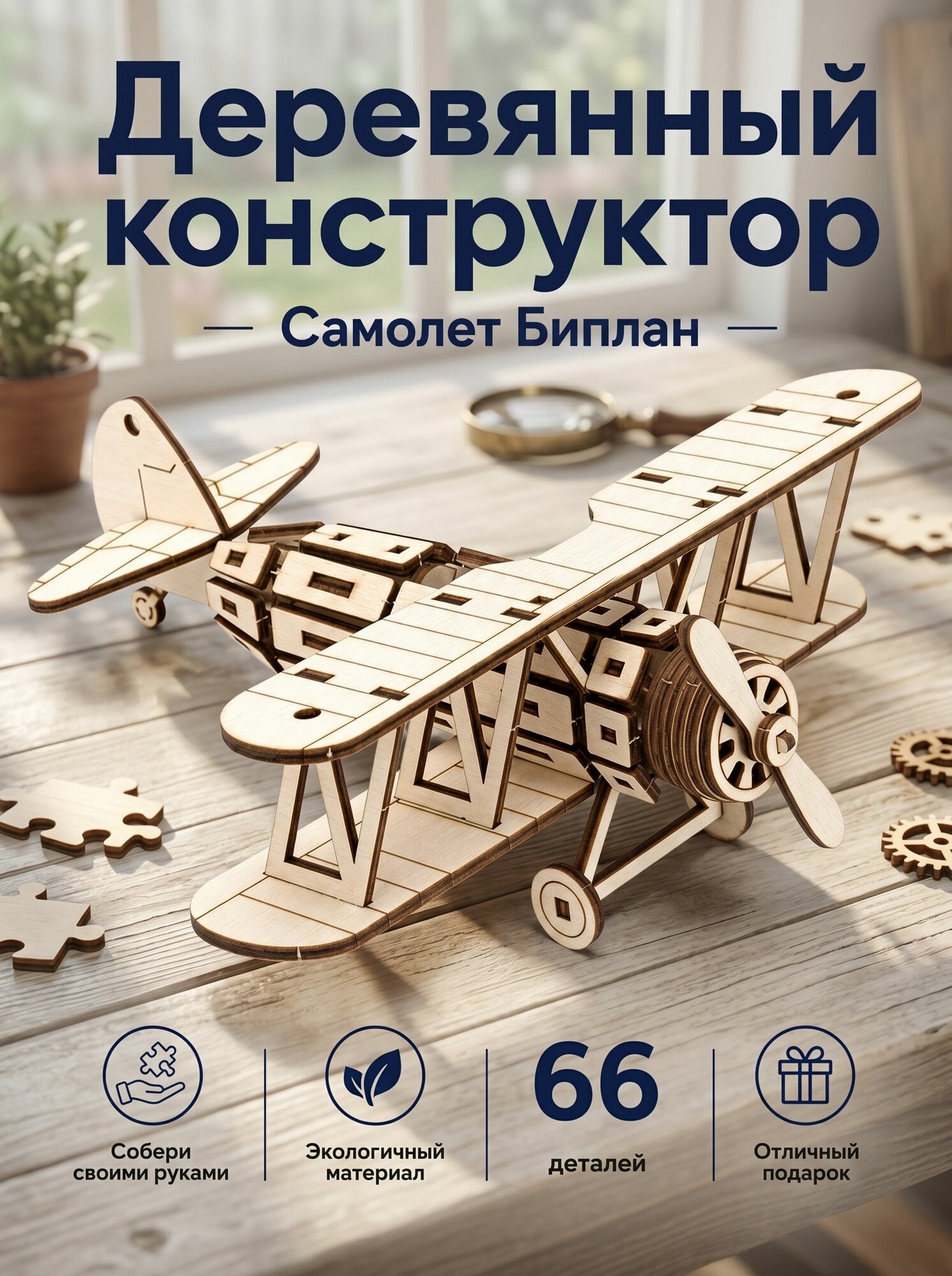 Деревянный конструктор сборная модель 3D Самолет Биплан, средний, 20, 5х22х8 см, 66 дет. деревянный конструктор сборная модель 3D самолет биплан