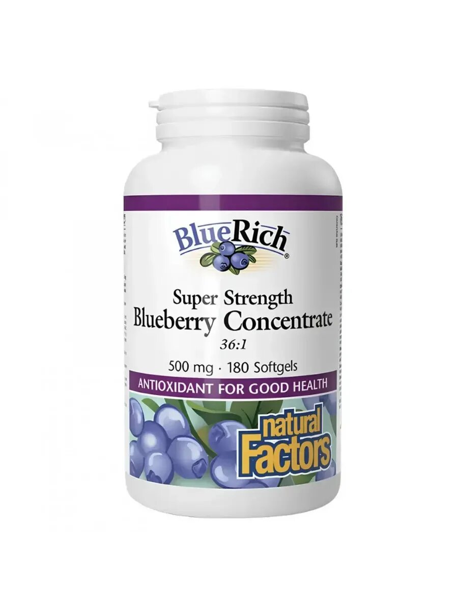 Natural Factors, Blueberry Concentrate BlueRich, супер эффективность, концентрат черники, 500 мг, 180 мягких таблеток