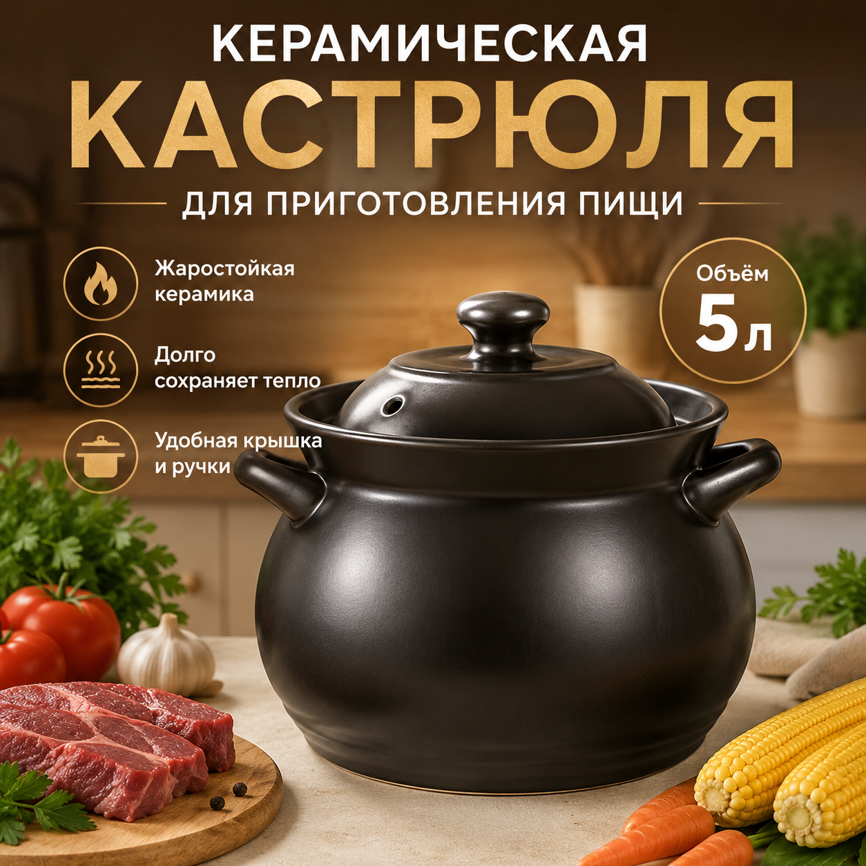 Керамика, кастрюля для тушения, большая емкость, жаропрочная, 5 л, черная, 1 шт