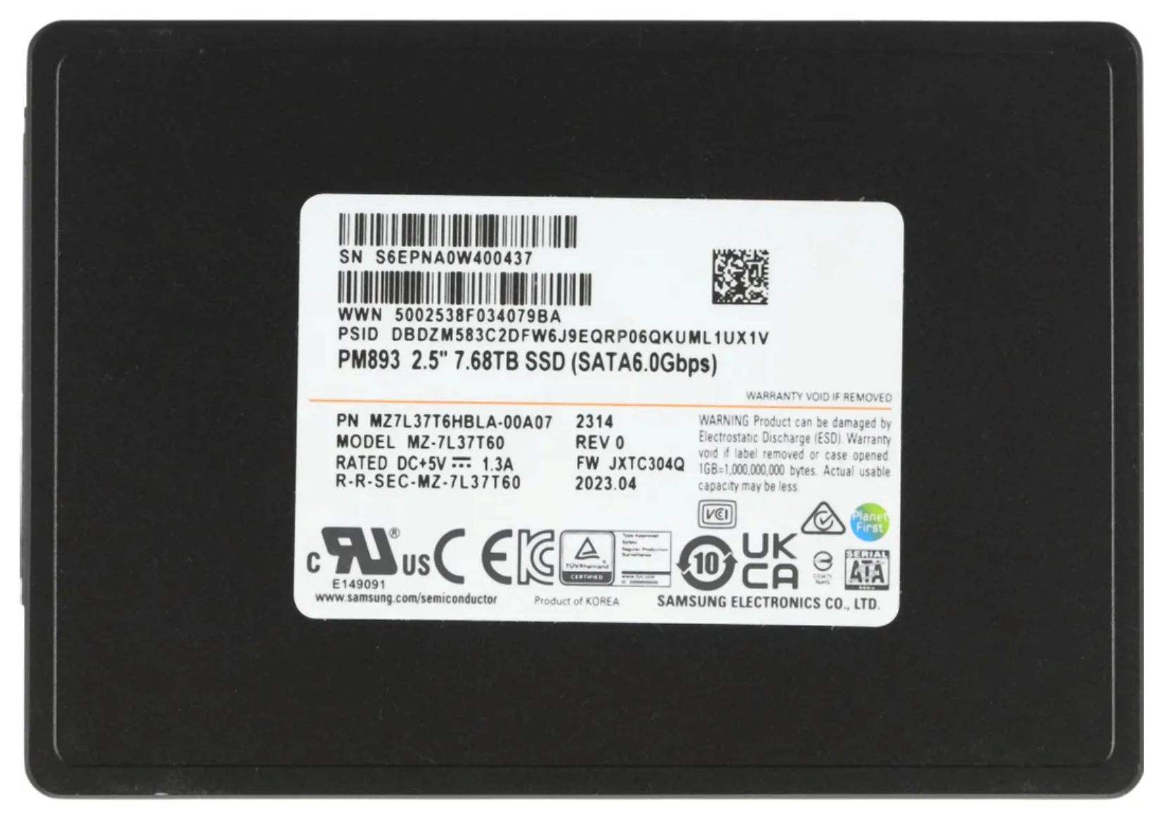 SSD накопитель Samsung PM893 MZ7L37T6HBLA-00A07 7.68ТБ, 2.5", SATA III