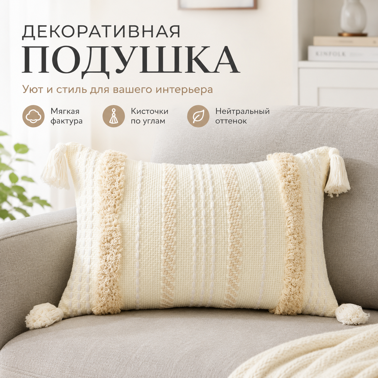 Прямоугольная декоративная подушка с рельефными полосами и кистями, натуральная бежевая ткань, съёмная наволочка30х50см