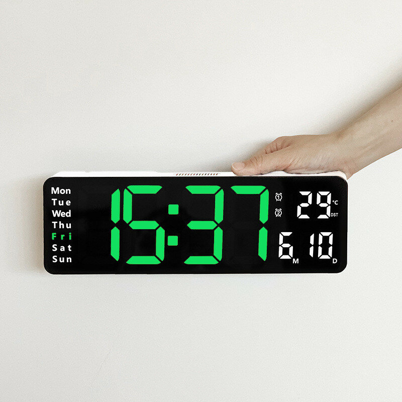 Electronic wall and desk clock with led display and week indicator for home decor siemens, white-green