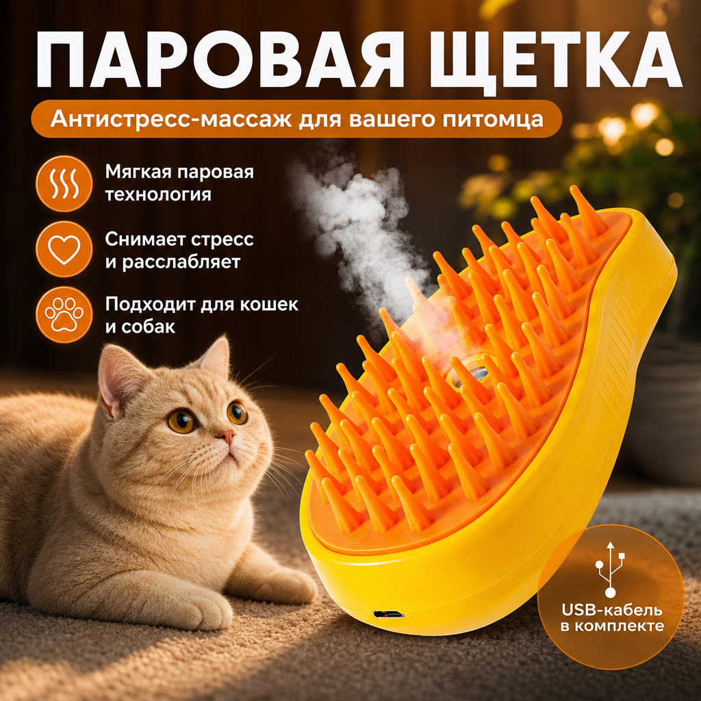 Щетка для купания и груминга питомцев, снижает линьку, силиконовая щетина, паровой уход