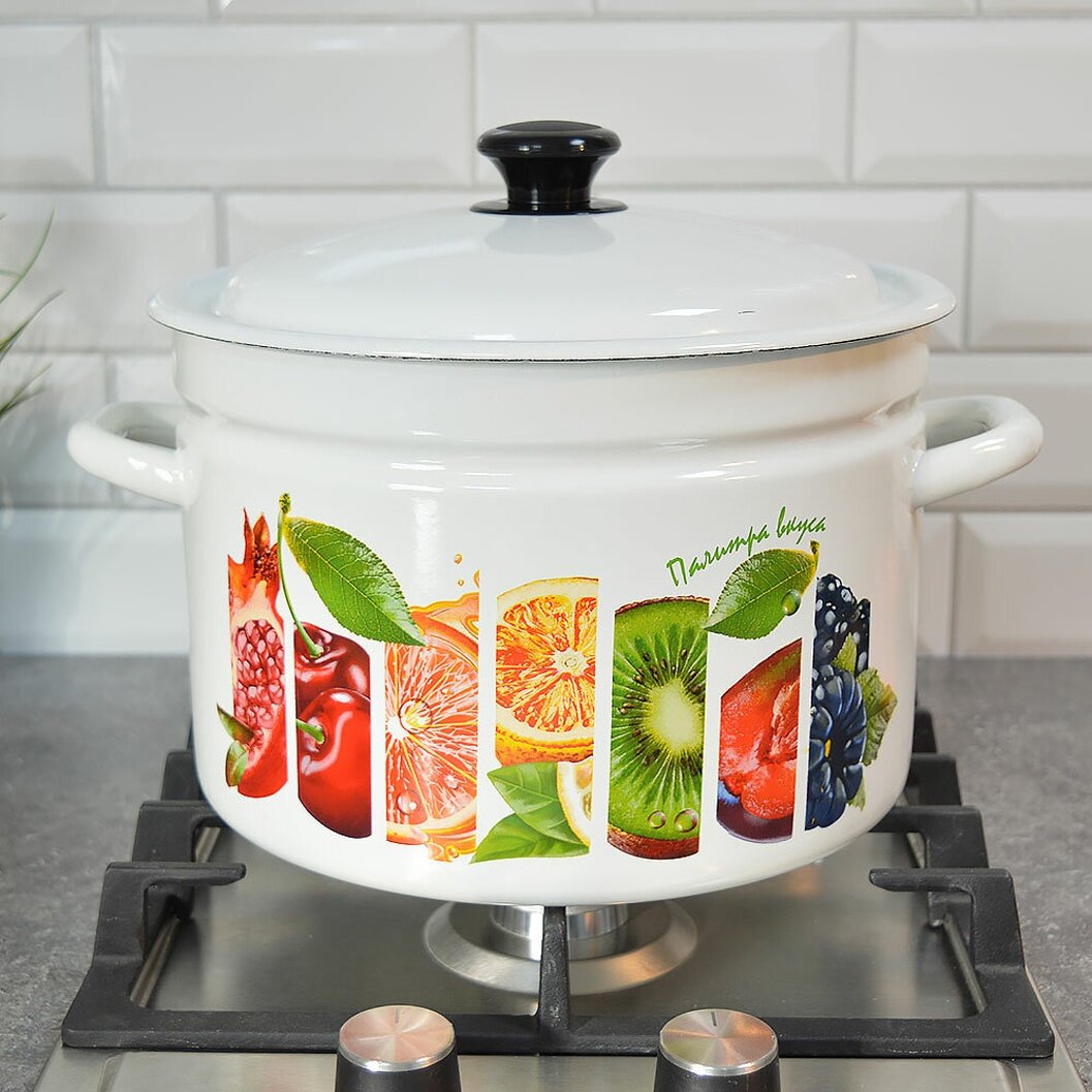 Кастрюля эмалированная 8л «Палитра вкуса» с крышкой, белая с фруктовым принтом, для большой семьи