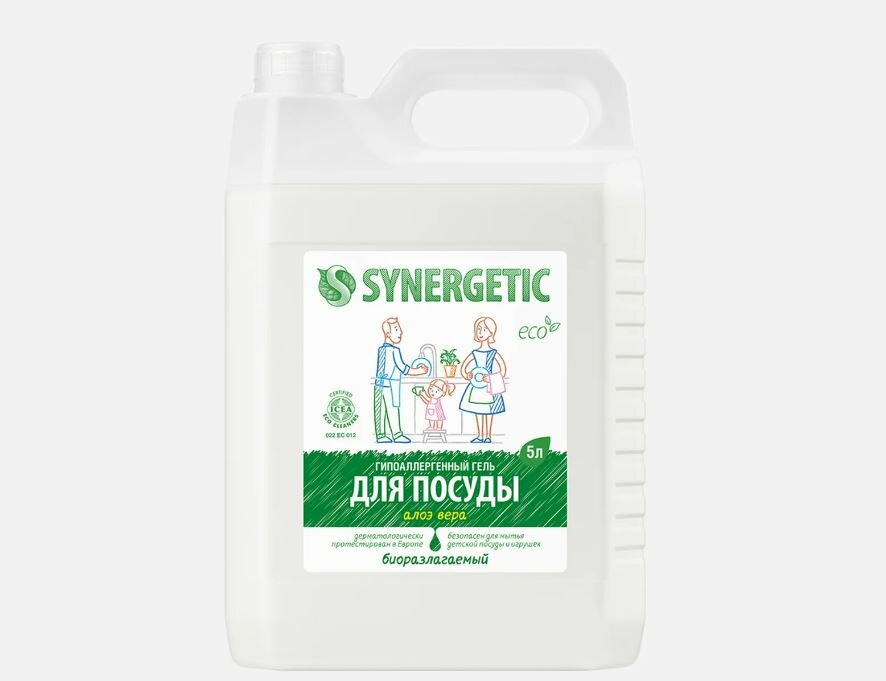Средство для мытья посуды биоразлагаемое SYNERGETIC антибактериальное, с ароматом алоэ, 5 л