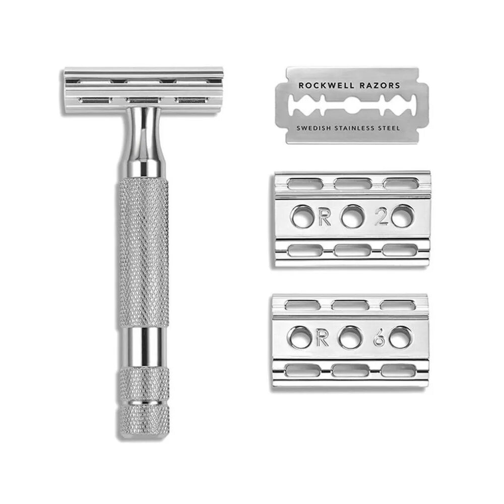Т-образная бритва Rockwell Razors 6C, белый хром / безопасная бритва с дополнительными гребнями