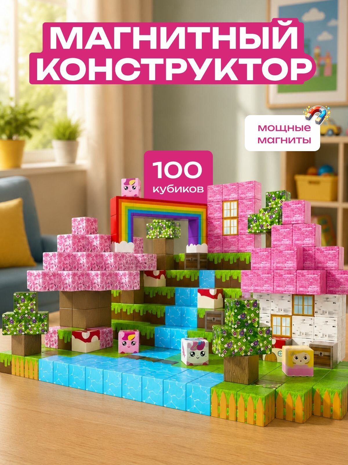 Магнитный конструктор майнкрафт для девочек, minecraft, магнитные кубики, 100 блоков