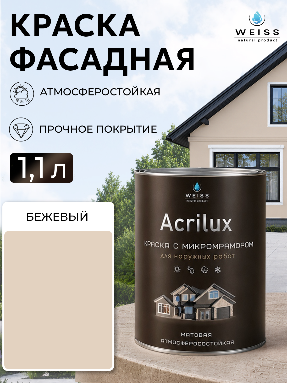 Фасадная краска WEISS, акриловая, матовая, кроющая, износостойкая, 1,1 л