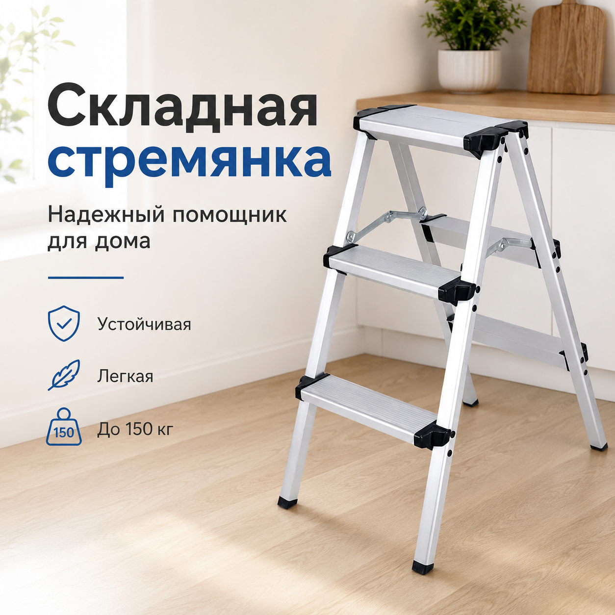 Легкая бытовая лестница 3 шага с широкими ступенями, нагрузка до 50 кг