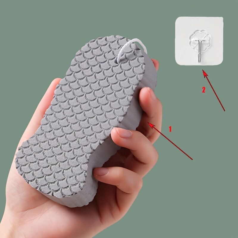Отшелушивающая мочалка для душа и рук с 3D-текстурой, серый цвет, комплект 2 шт. (1 мочалка + 1 крючок)
