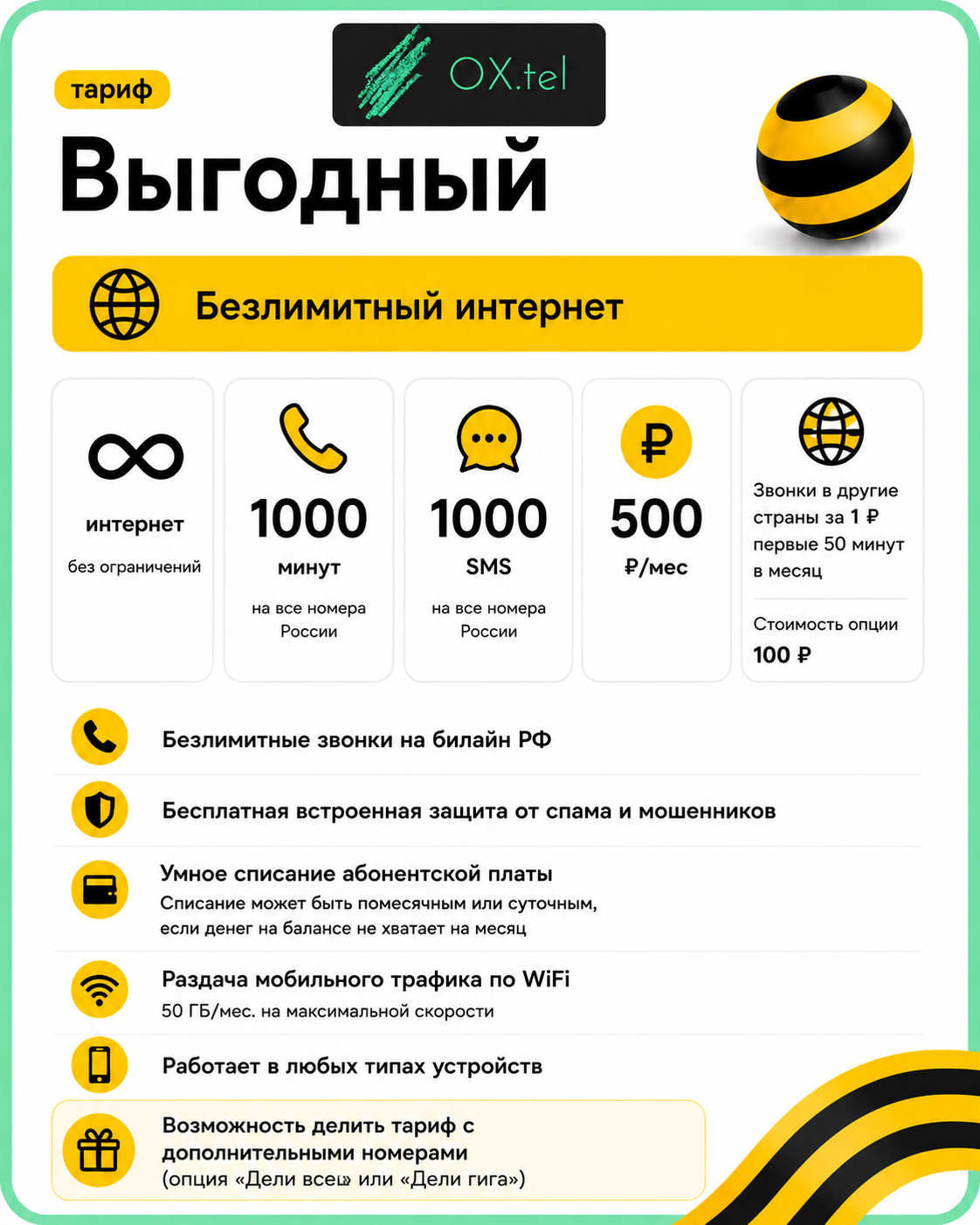 Сим-карта "Билайн", тариф "Выгодный", безлимитный интернет, 1000 минут, 1000 СМС, 500 р./мес все регионы РФ