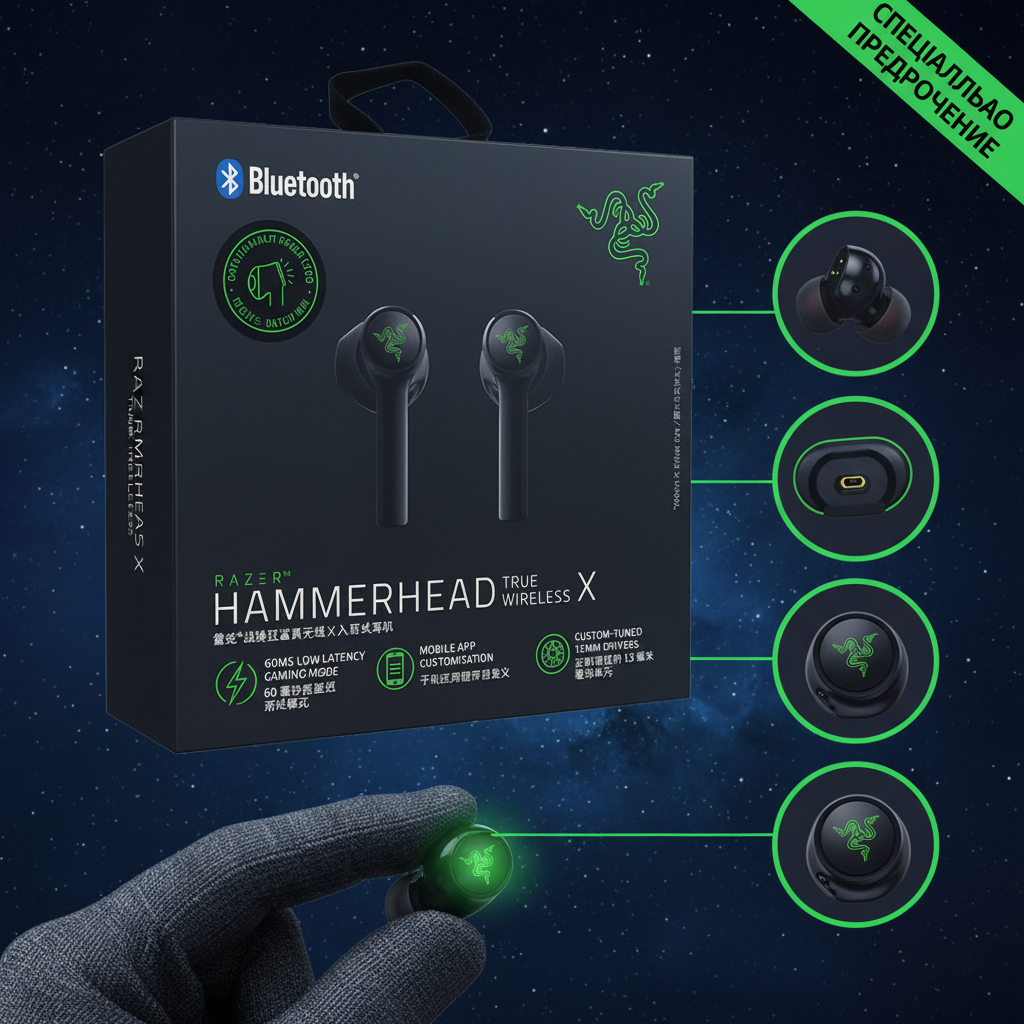 Лучшие TWS для игр Razer Hammerhead True Wireless активное шумоподавление