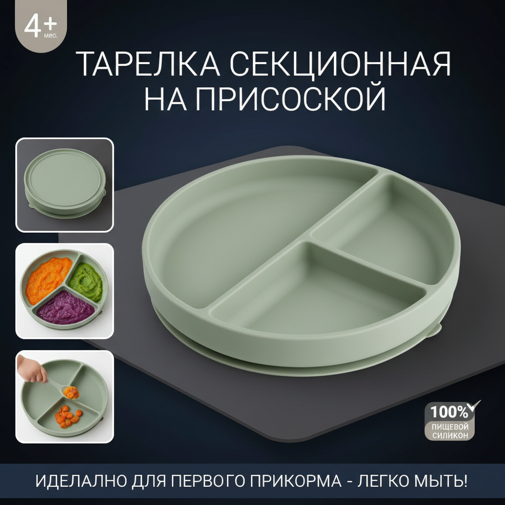 Силиконовая тарелка с 4 секциями и присоской детская оттенок шалфей зеленый