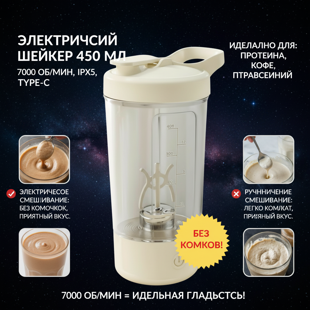 Эксклюзивный шейкер электрический 450 мл, 7000 об/мин, для кофе и протеина, с защитой IPX5 и разъемом TypeC, удобный в путешествиях