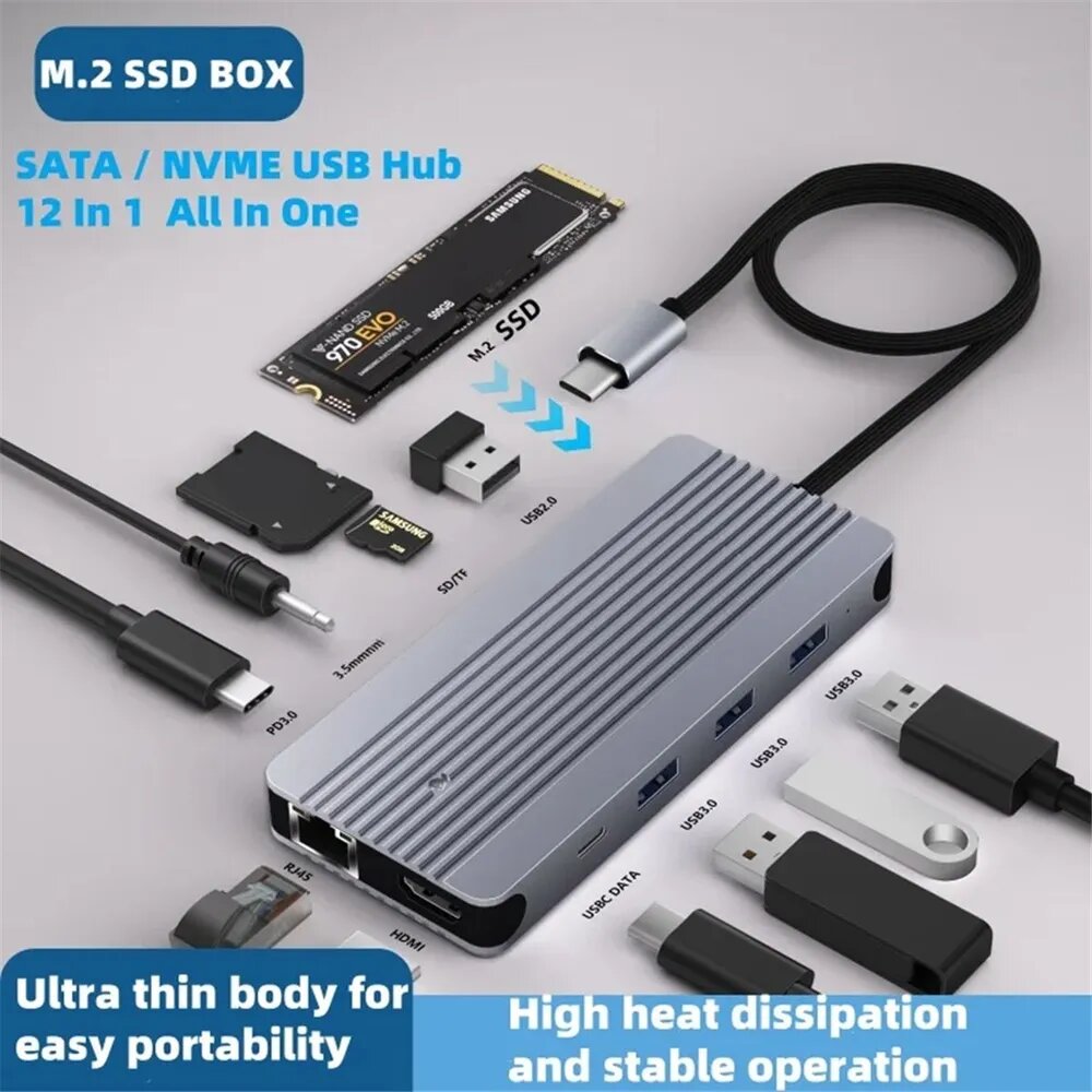 12-в-1 M.2 SSD / NVME USB 3.0 разветвитель-концентратор RJ45 Gigabit Ethernet порт 3,5 мм аудиорасширитель для ПК ноутбука