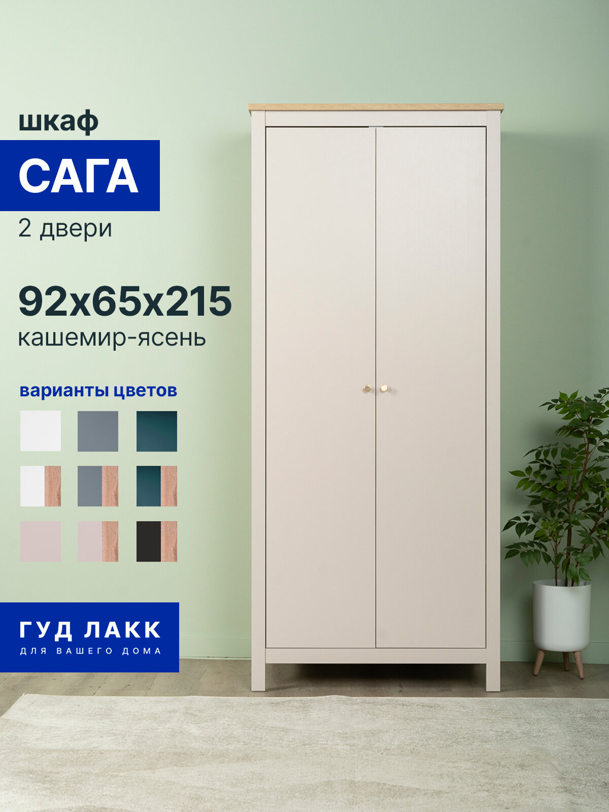 Шкаф для одежды распашной 92х65х215 см. ГУД лакк Сага, кашемир/ясень