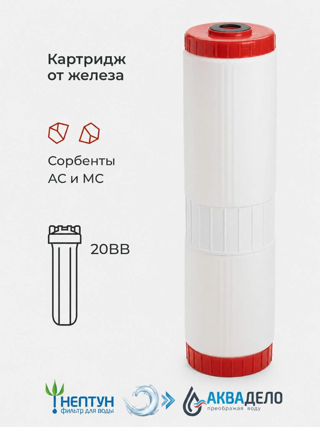Картридж обезжелезивающий засыпной Нептун (Аквадело) SFC-20BB, фильтр для удаления железа из воды, с сорбентами АС МС обезжелезивание воды сорбционная очистка
