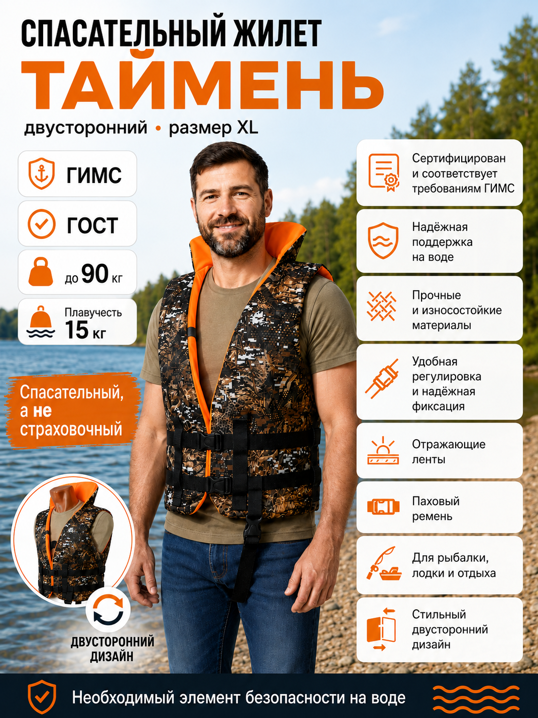 Жилет Спасательный Таймень 3 (XL 52-54 размер) вес 70-90 кг, оранжевый/камуфляж