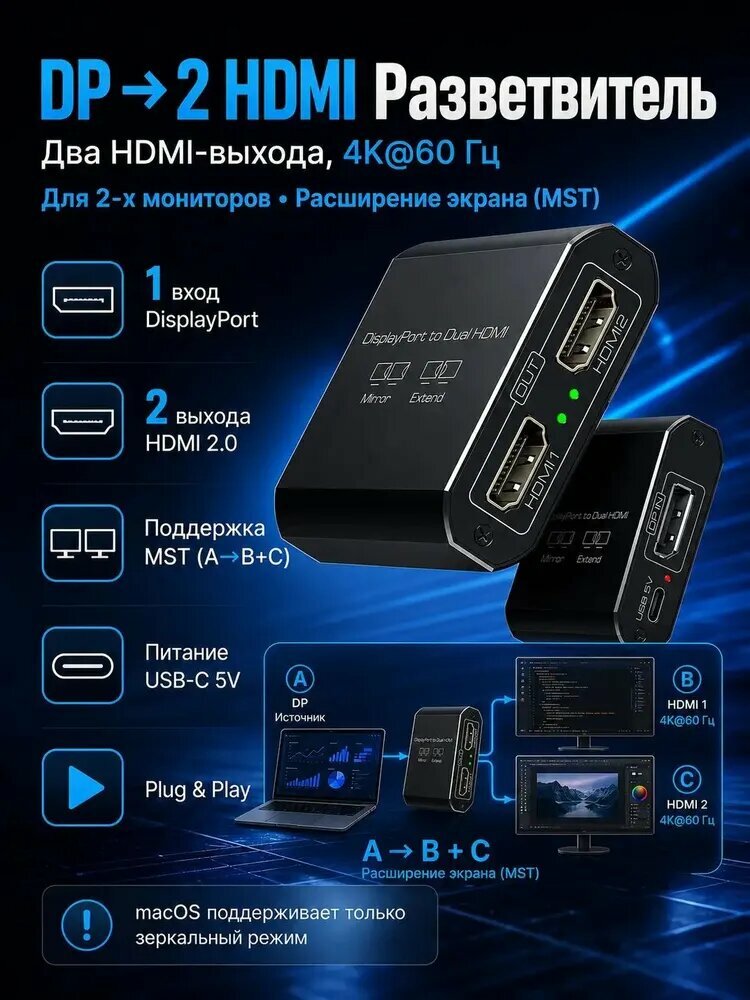Разветвитель и конвертер DisplayPort на 2 HDMI 2.0 4K 60Hz, активный адаптер DP для 2 мониторов с поддержкой MST