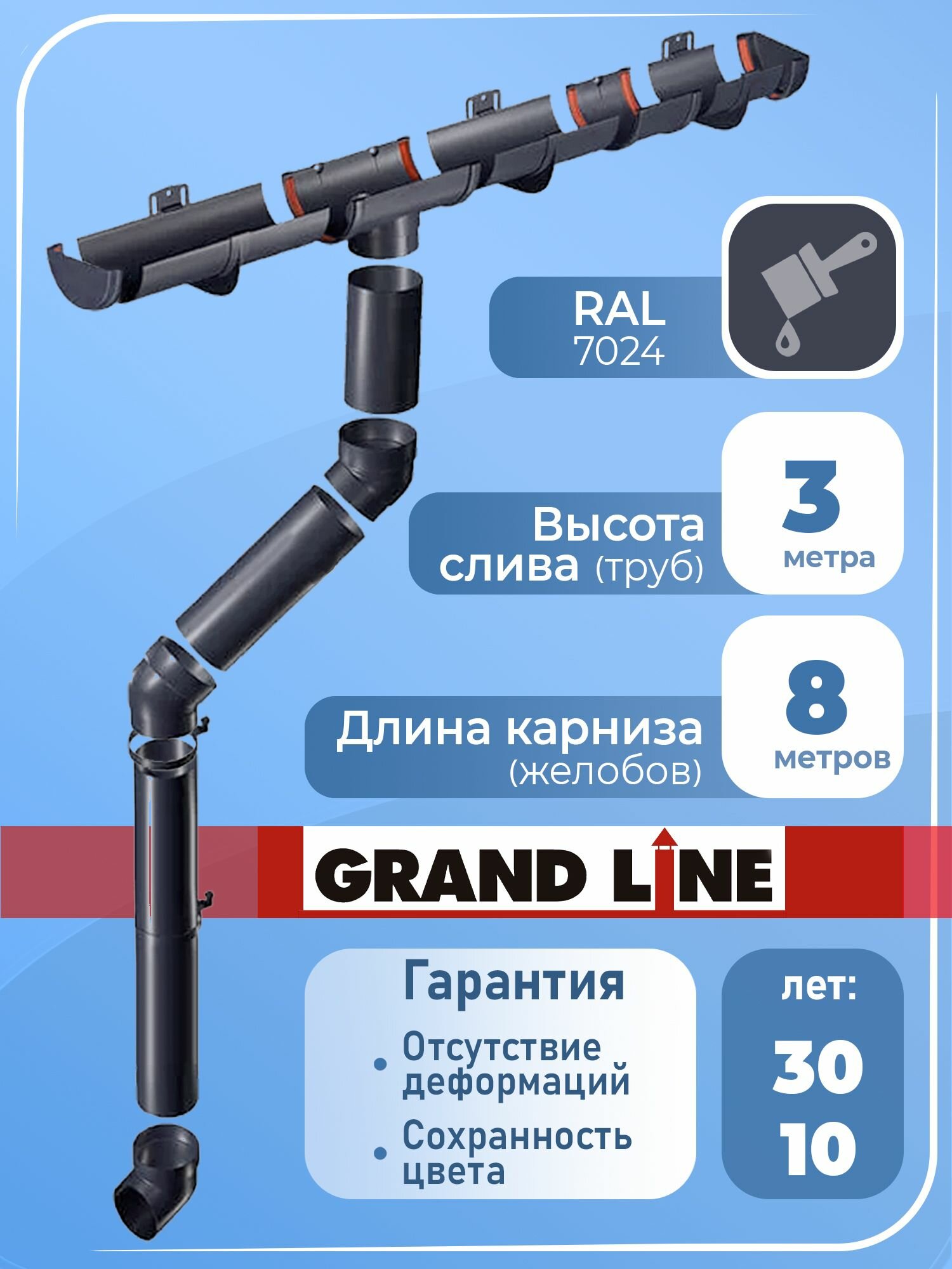 Grand Line Водосточная система ( длина 8 м по 1м / высота 3 м) графит RAL 7024 , водосток для крыши пластиковый Гранд Лайн ( 120 мм / 90 мм) комплект элементов ПВХ серый 1 слив