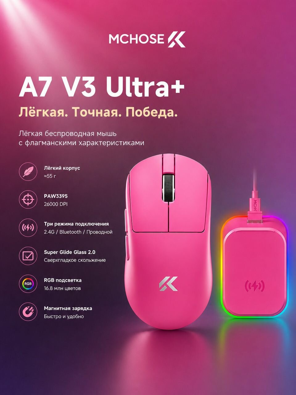 MCHOSE A7 V3 Ultra+ Беспроводная ультралегкая игровая мышь с флагманским сенсором PAW3955 TI, двойной 8K опрос, 59 г, Super Glide 2.0, RGB магнитная зарядная подставка, для средней и большой руки