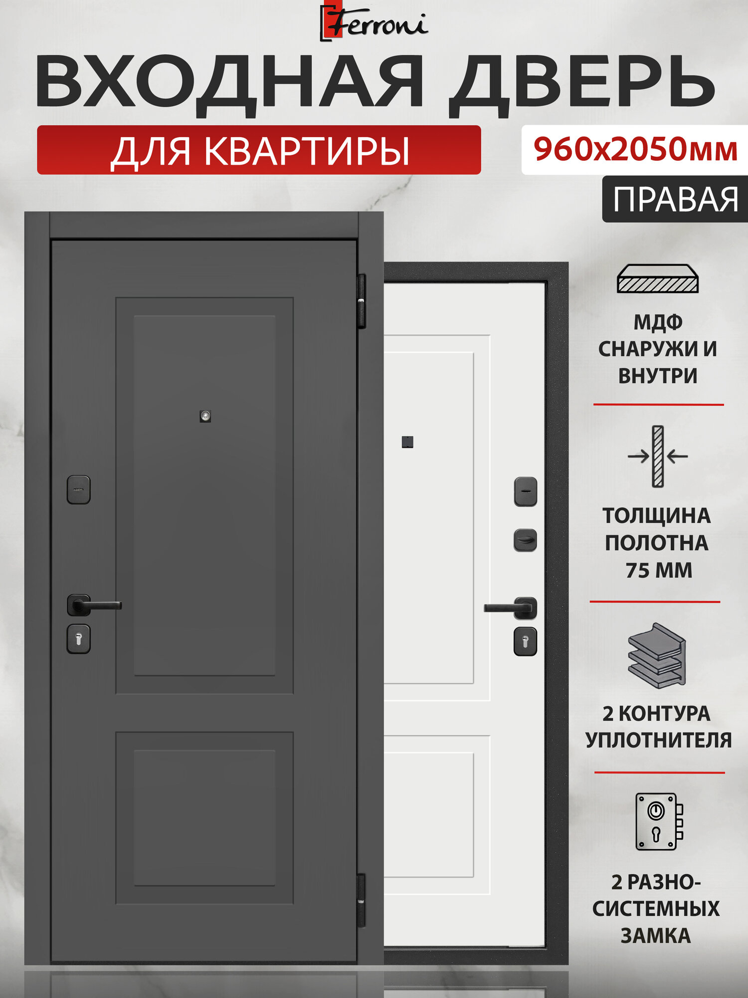 Входная дверь Ferroni Гарда 2 МДФ Графит- Эмалит белый (960мм) правая