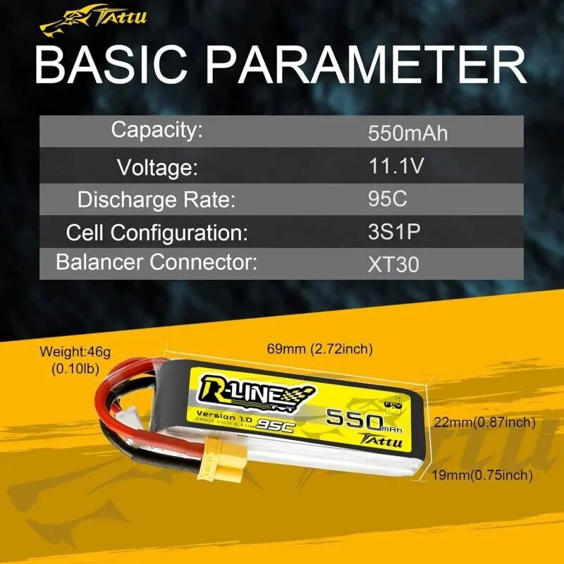 TATTU 3S Аксессуары для игрушечных автомобилей 550mAh 11.1V 95C with XT30 Plug