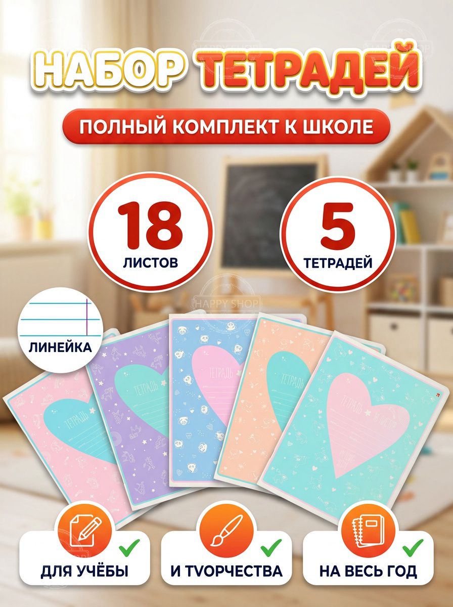 Тетрадь 18 листов линейка My love Альт комплект 5 штук для школы девочек