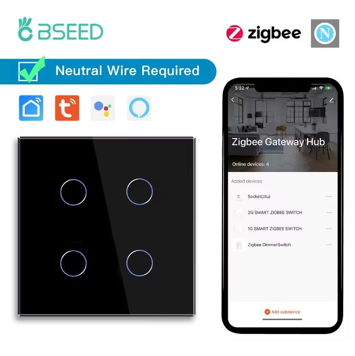 Сенсорный выключатель умный, Zigbee, четыре клавиши, с Алисой, голосовое управление, с панелью из закаленного стекла,86mm