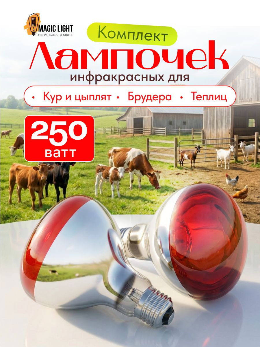 Лампа инфракрасная 250Вт Е27 - 2 шт, для обогрева кур, щенков, цыплят, свиней, курятника, брудера/ Лампочка галогенная для животных, растений и теплиц